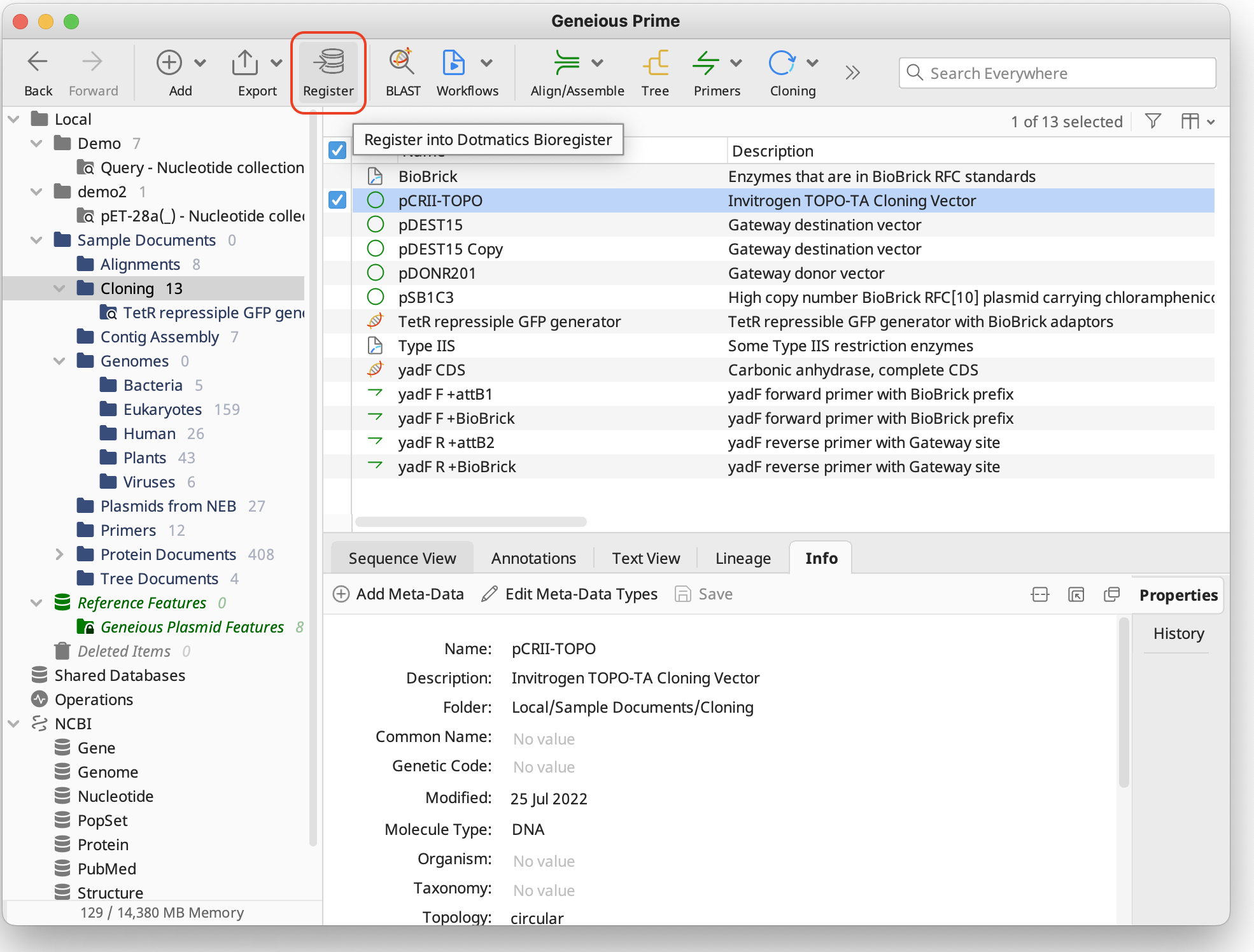 Register sequences in Dotmatics Bioregister – Geneious