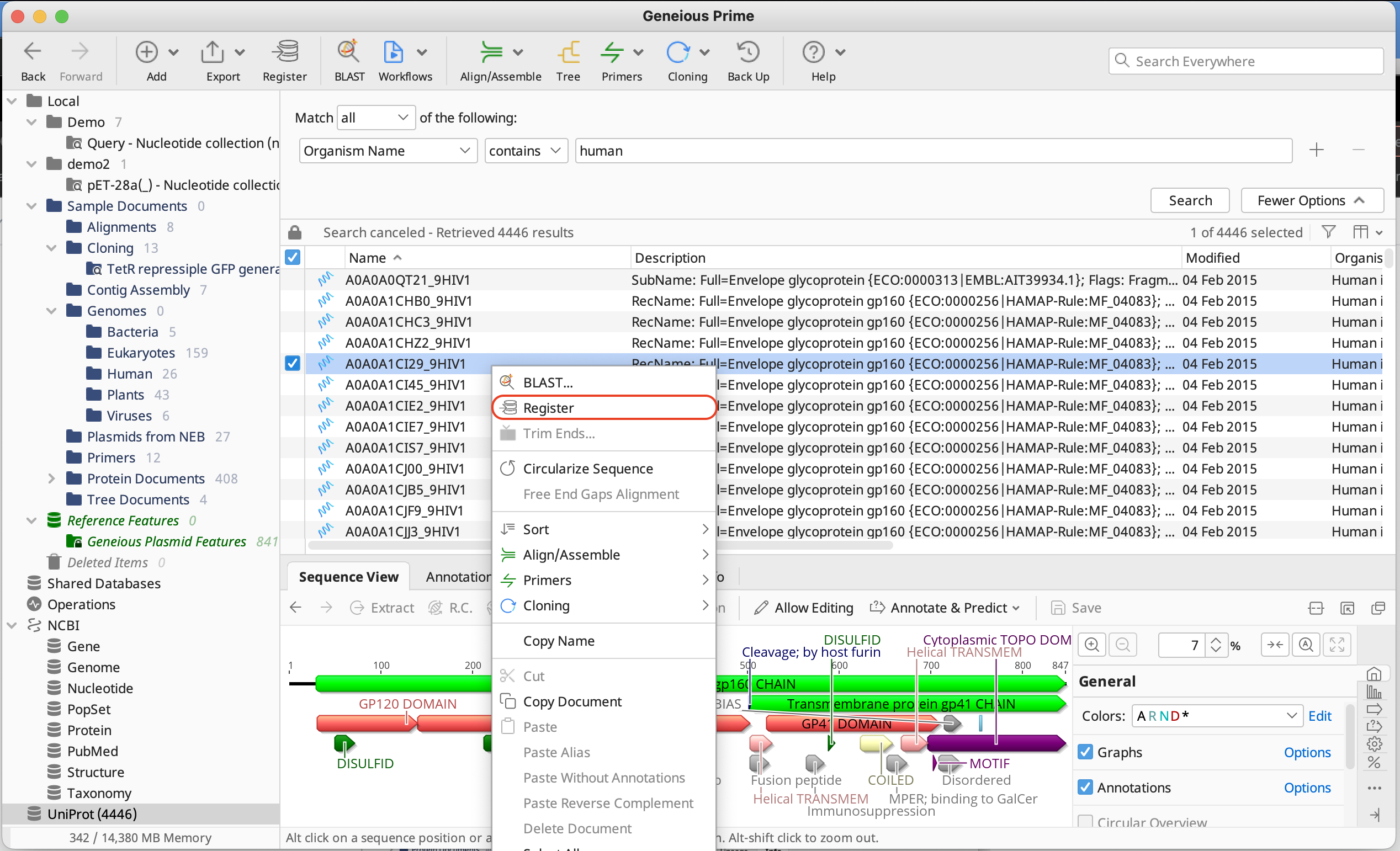 Register sequences in Dotmatics Bioregister – Geneious