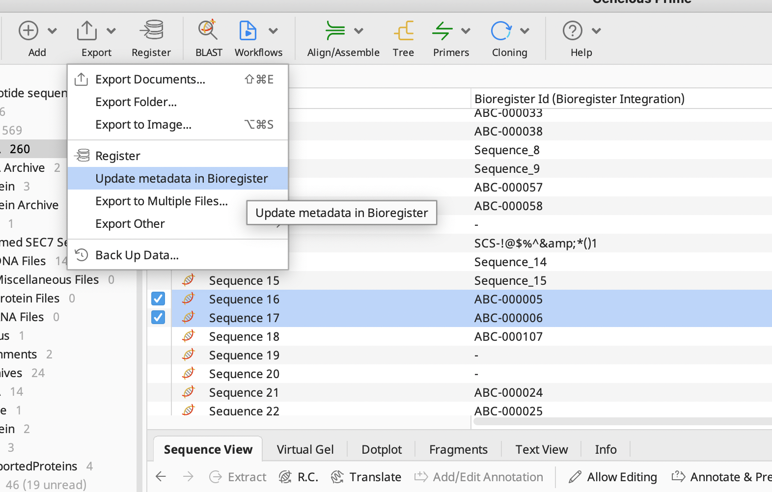 Register sequences in Dotmatics Bioregister – Geneious