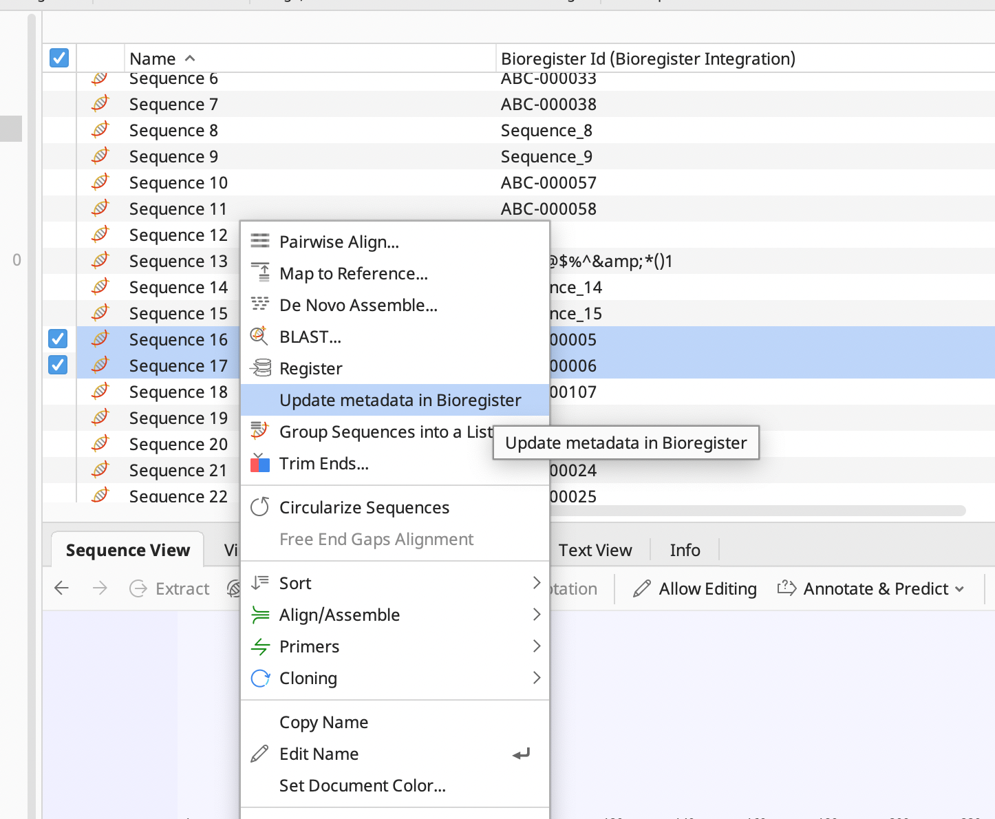 Register sequences in Dotmatics Bioregister – Geneious